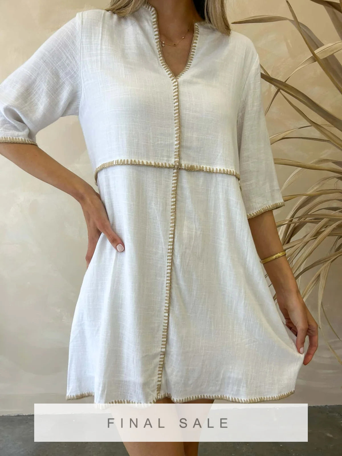 Byron Tunic Dress - White With Beige Stitch